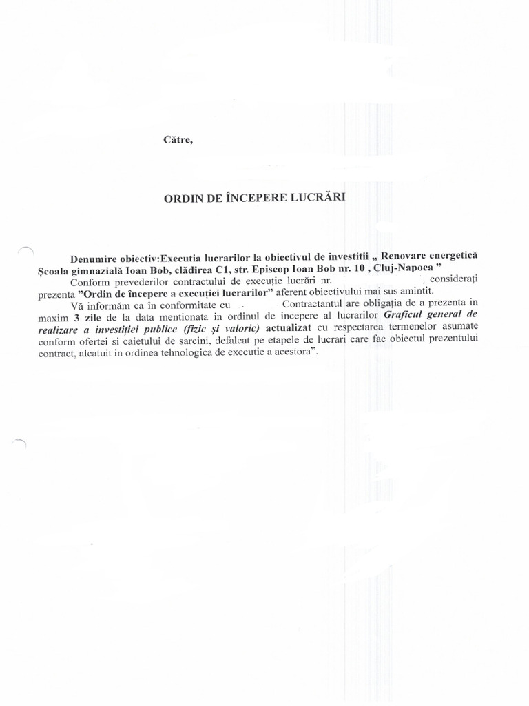 Ordin Incepere Lucrari - Scoala Ioan Bob | PDF