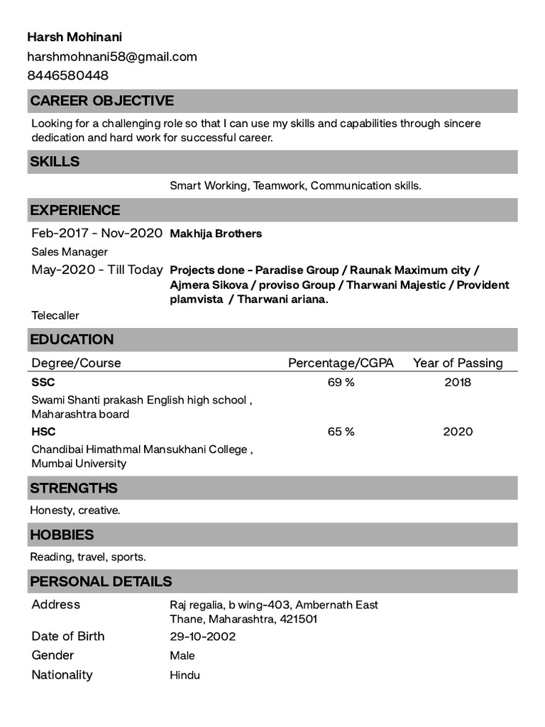 Resume Harsh Mahesh Mohinani Format2 | PDF