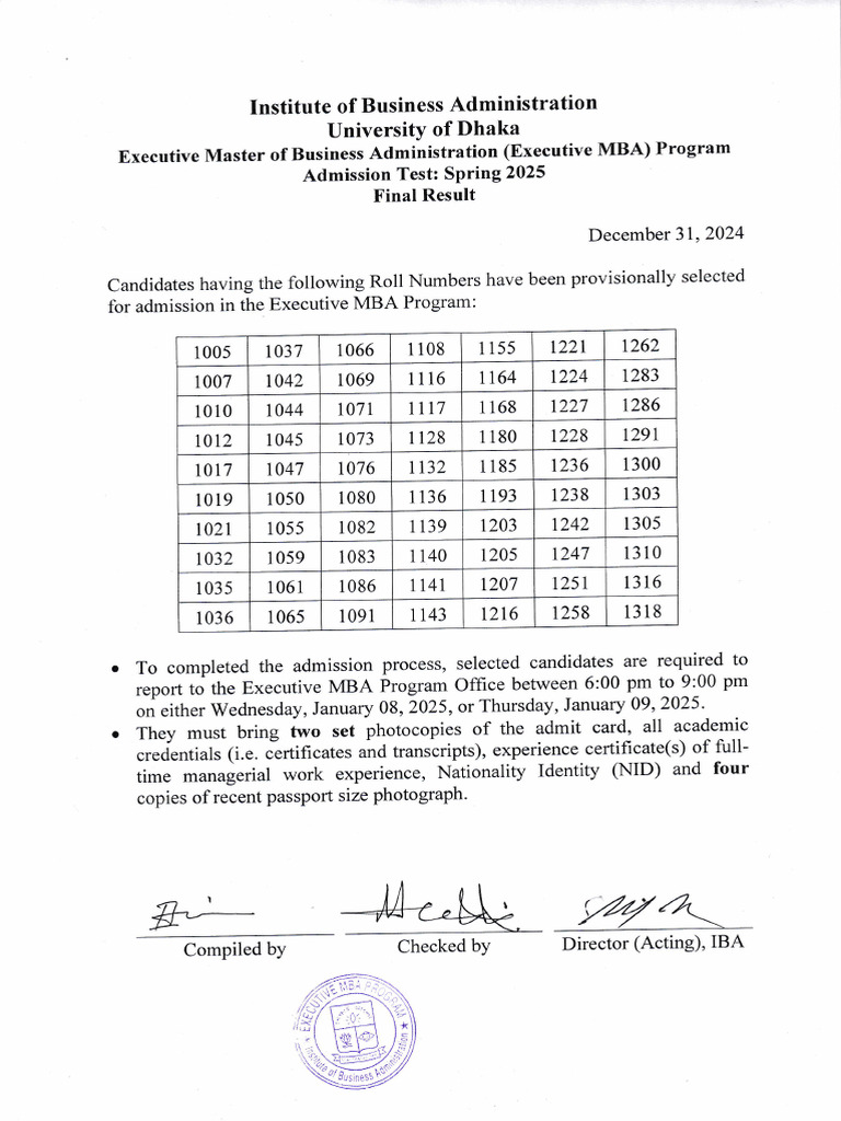 IBA Executive MBA Admission Results 2025 | PDF
