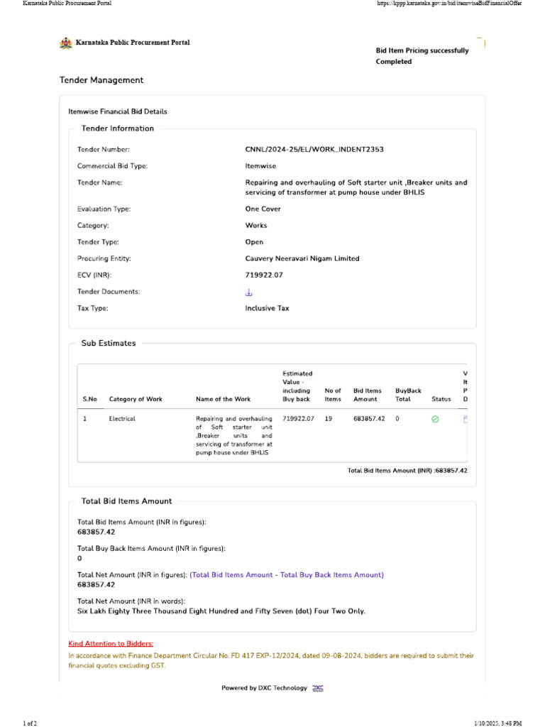 Karnataka Public Procurement Portal: Bid Item Pricing Successfully ...