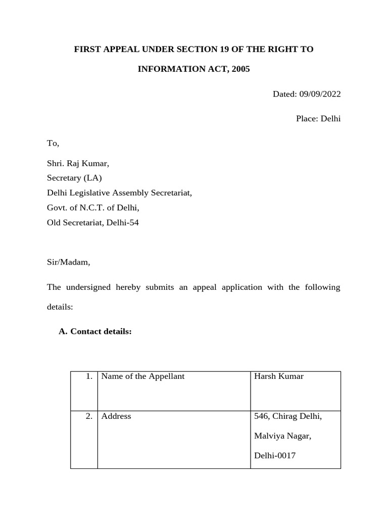RTI First Appeal Format for West Bengal | PDF | Complaint | Appeal