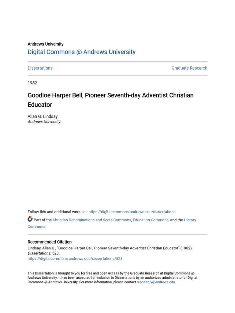 Goodloe Harper Bell Pioneer Seventh-day Adventist Christian Educ | PDF
