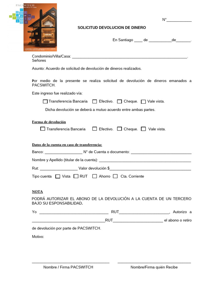 Solicitud de Devolucion de Dinero Blanco | PDF