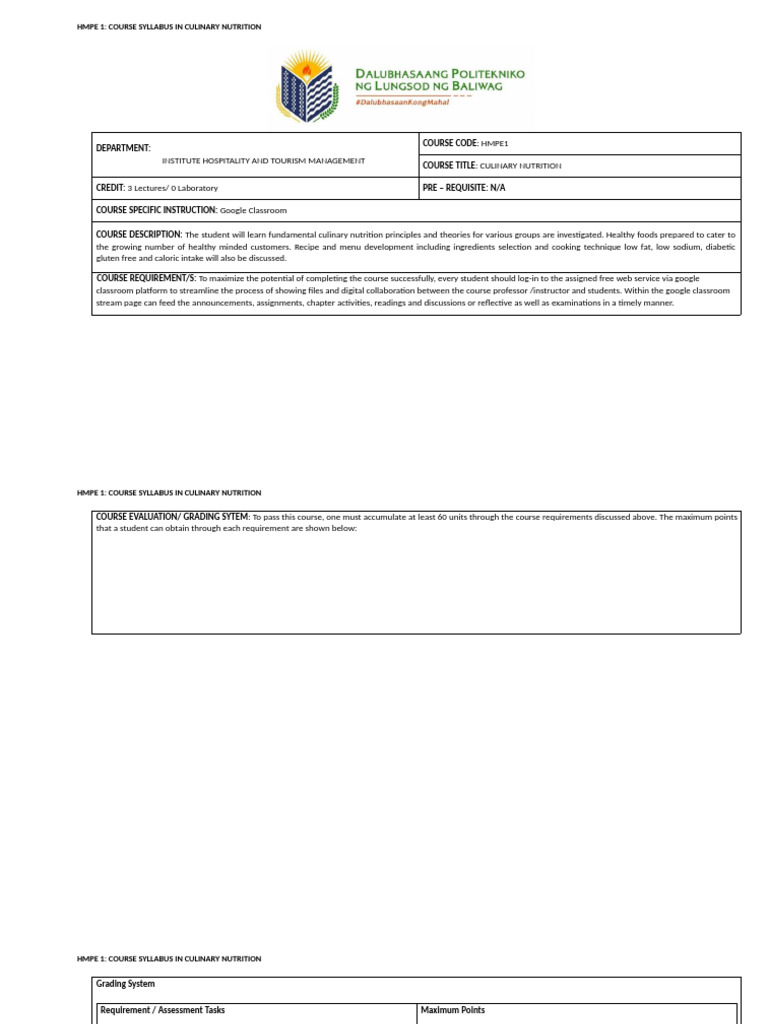 Culinary Nutrition Syllabus | PDF | Educational Technology | Nutrition
