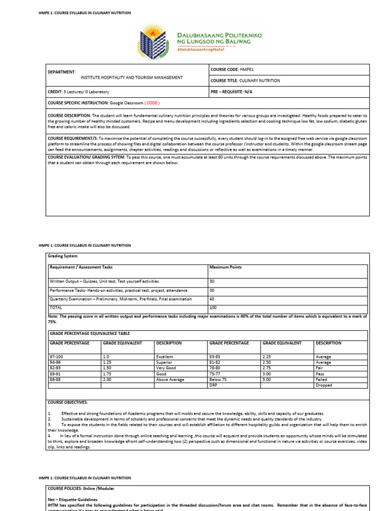 Culinary Nutrition Syllabus | PDF | Educational Technology | Nutrition