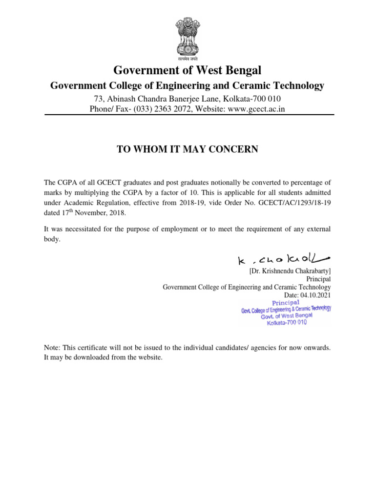 Percentage Certificate CGPA Gcect | PDF