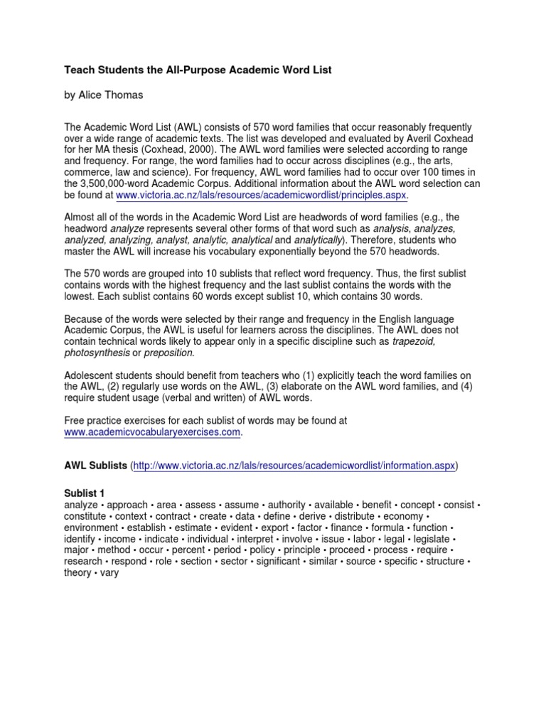 Academic Word List for Students | PDF