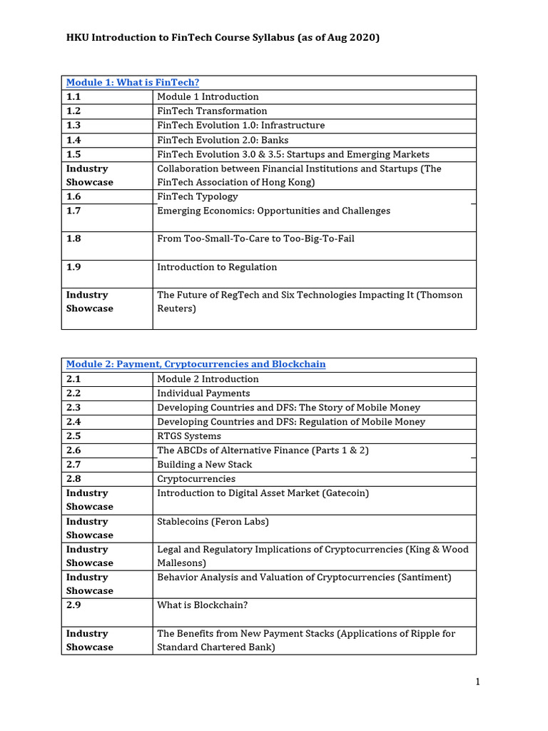 003 - Module 1 - Syllabus - Introduction To FinTech | PDF | Startup Company | Small Business ...