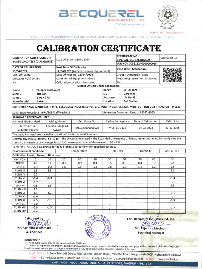 Calibration Certificate for Dial Gauge | PDF | Calibration | Measure Theory