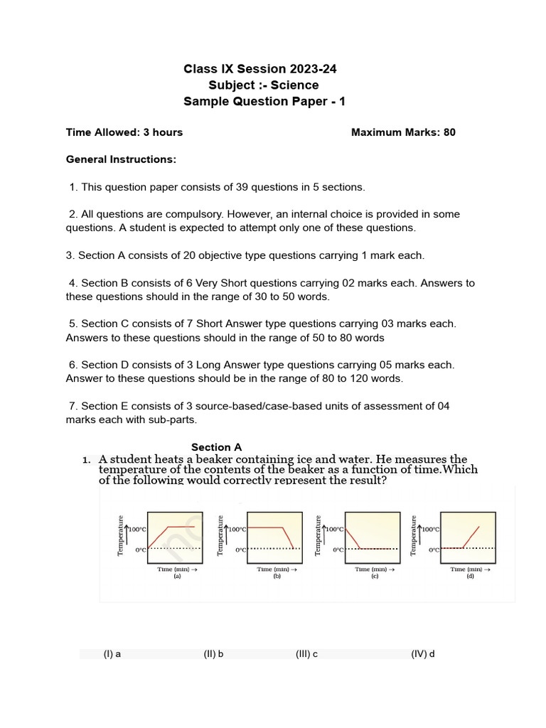 Class 9 Science Sample Question Paper | PDF | Colloid | Mixture