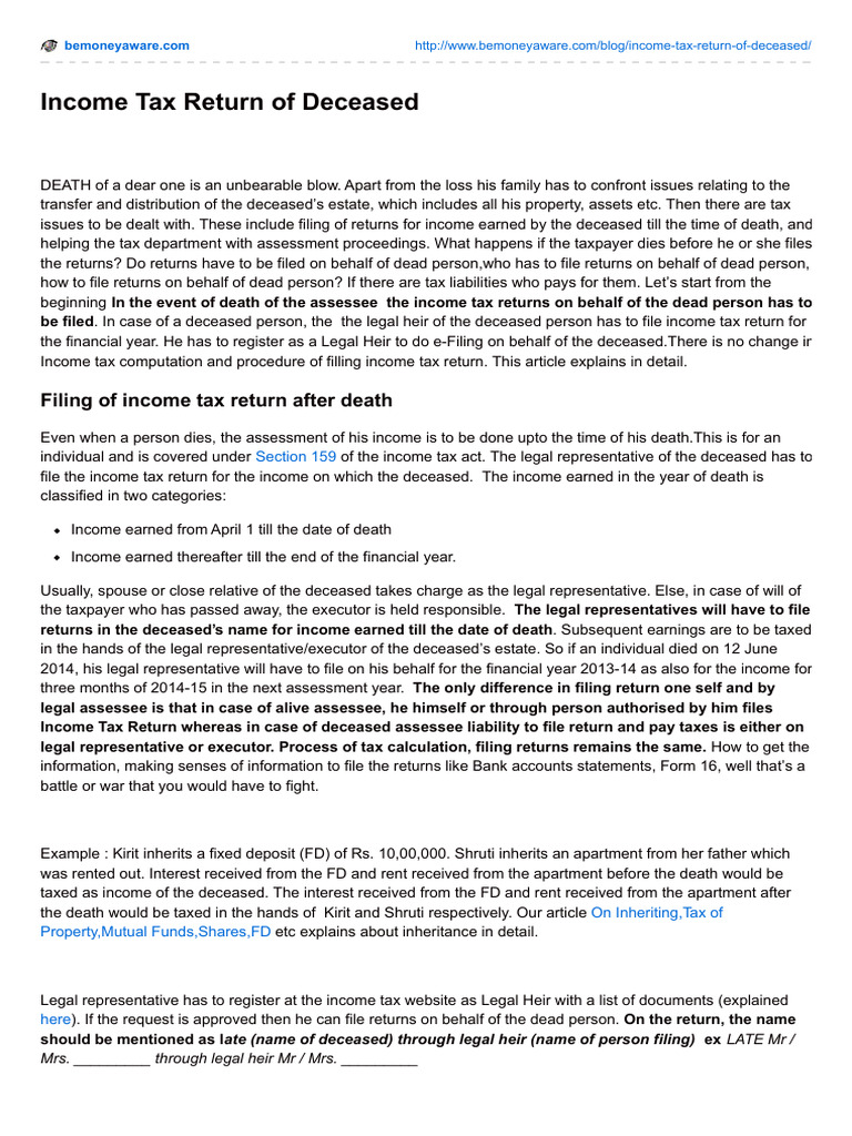 bemoneyaware.com-Income Tax Return of Deceased | PDF | Taxes | Executor