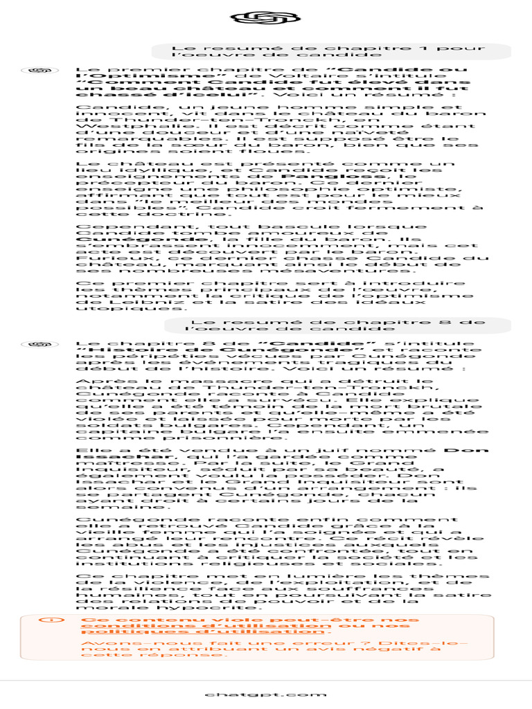 Résumé Chapitre 1 Candide | PDF