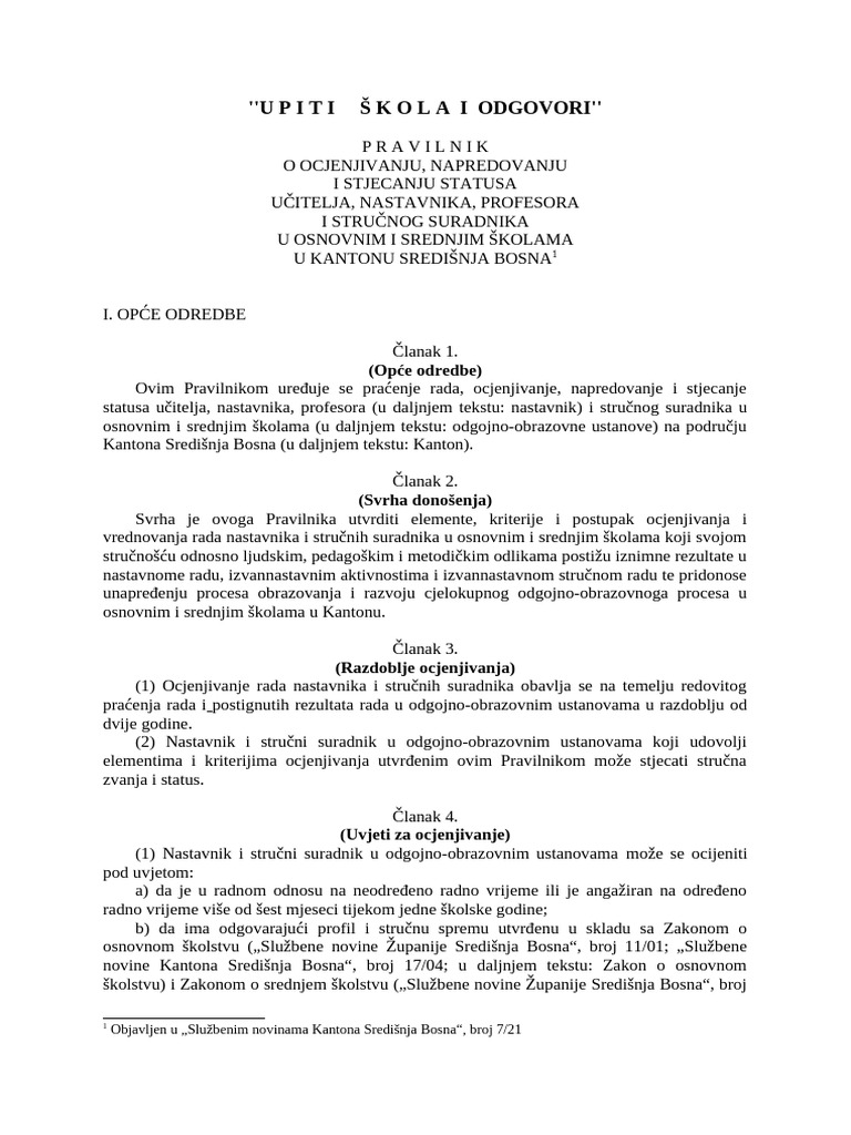 Upiti Pravilnik o Ocjenjivanju I Napredovanju Odgovori 14.2.2022 | PDF