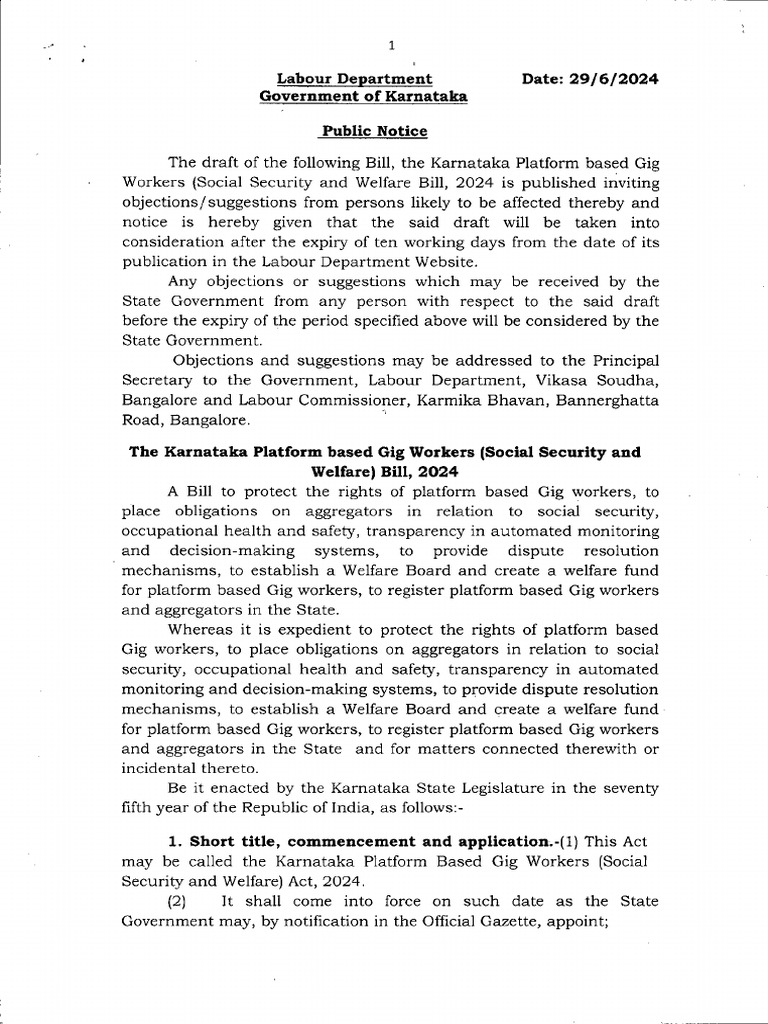 Karnataka Platform Based Gig Workers (Social Security and Welfare) Bill ...