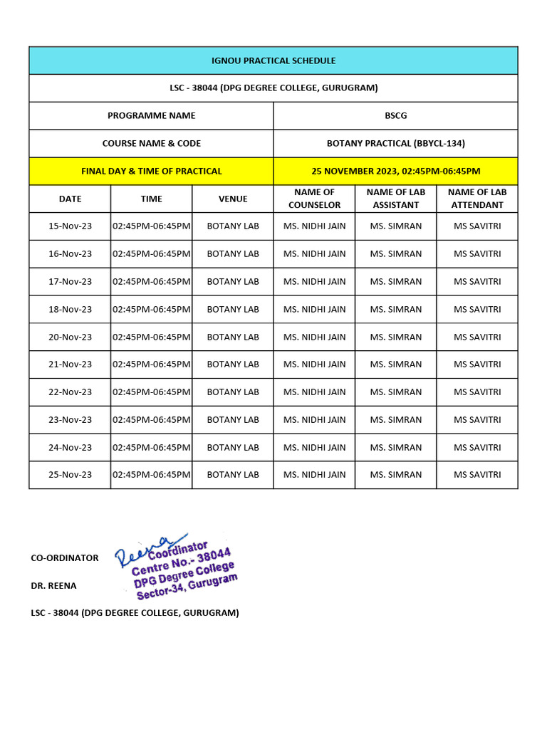 IGNOU 38044 PRACTICAL SCHEDULE (NOV 23) BATCH 2_231117_112320 (2) | PDF