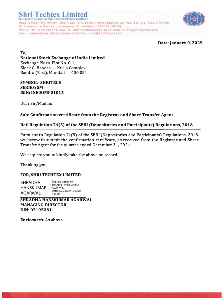 Confirmation Certificate for SHRI TECHTEX | PDF | Stock Market ...