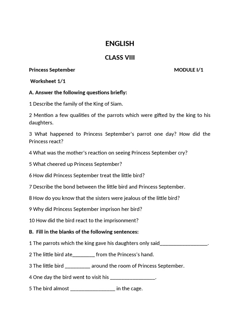 VIII_ENG2_L05_M01_PRINCESS_SEPTEMBER_WORKSHEET | PDF