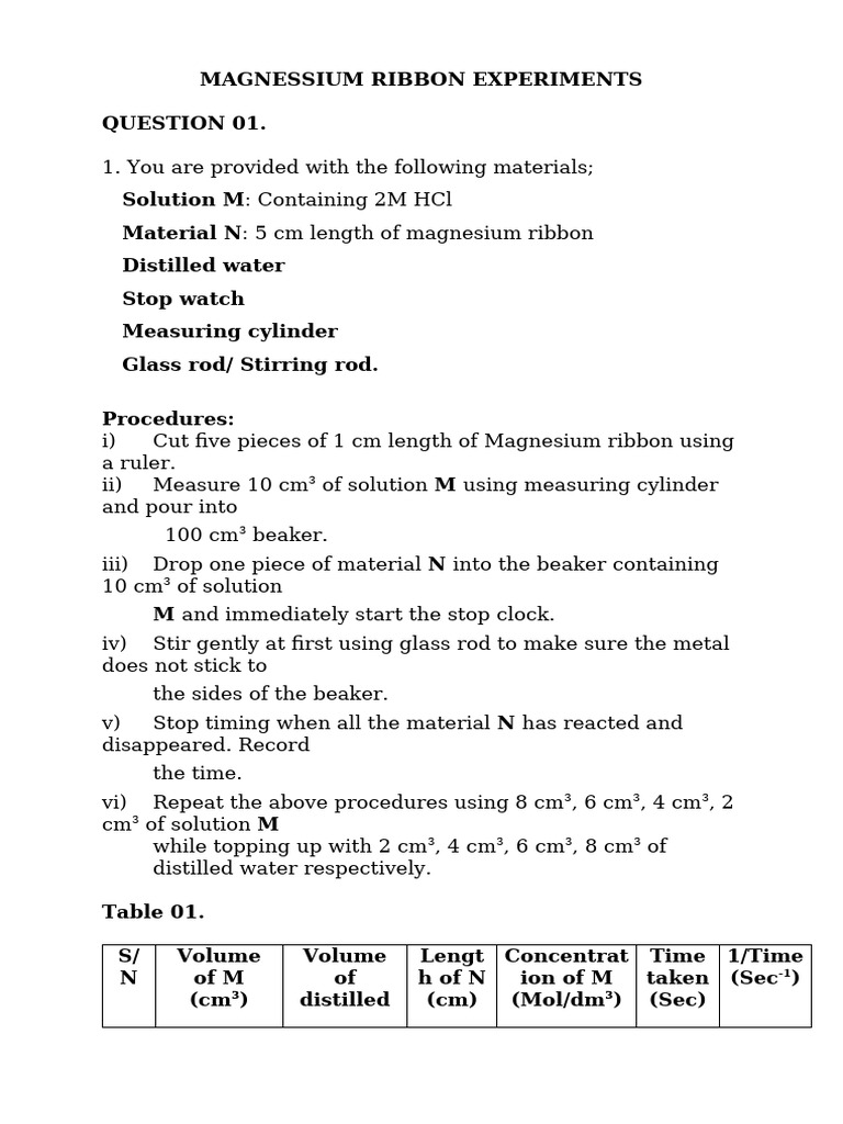 Magnesium Ribbon Reaction Experiment | PDF | Experiment | Magnesium