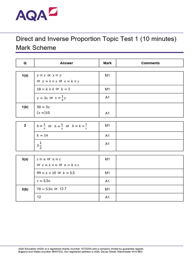 Direct and Inverse Proportion Test Marking Guide | PDF