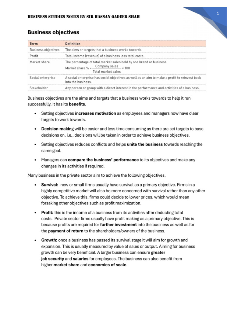 CH 5 Business Objectives | PDF | Employment | Profit (Economics)