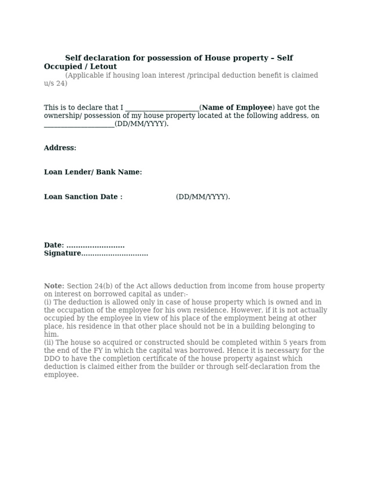 Self Declaration - For - Possession - of - House - Property - Self or ...