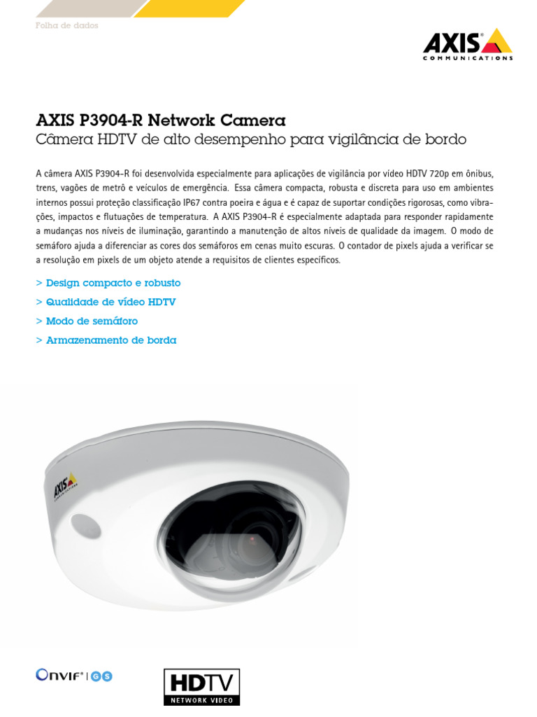 Datasheet Axis p3904 R Network Camera PT BR 273293 | PDF | Câmera | Protocolos de rede