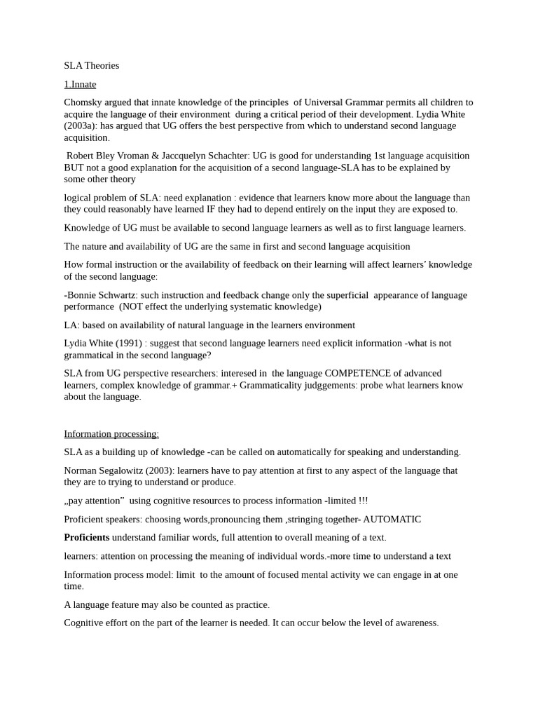 SLA Theories Notes Párosak | PDF | Second Language Acquisition ...