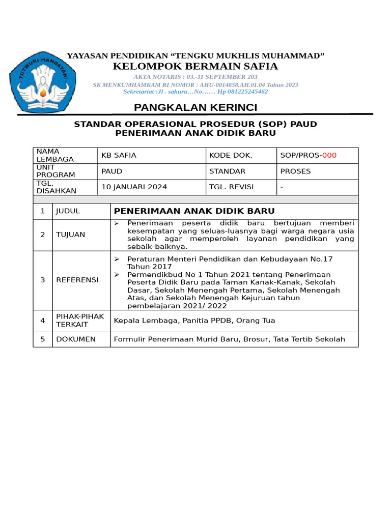 Sop Penerimaan Siswa Baru KB Safia | PDF