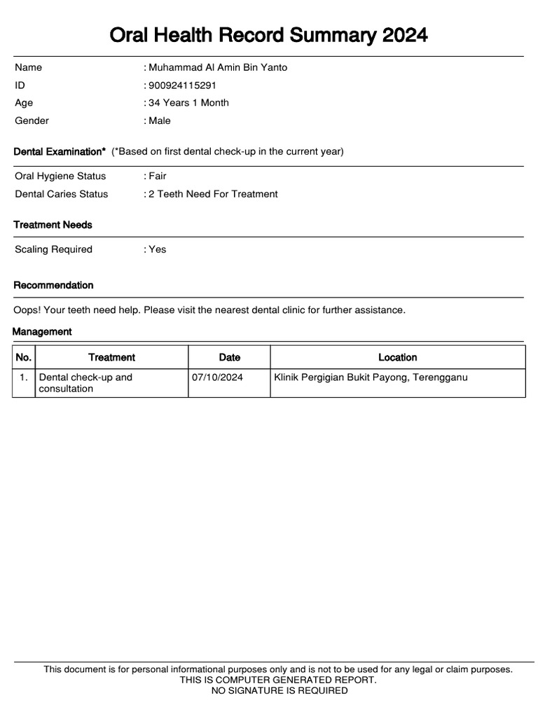 Oral Health Record Summary 2024 - 457 | PDF