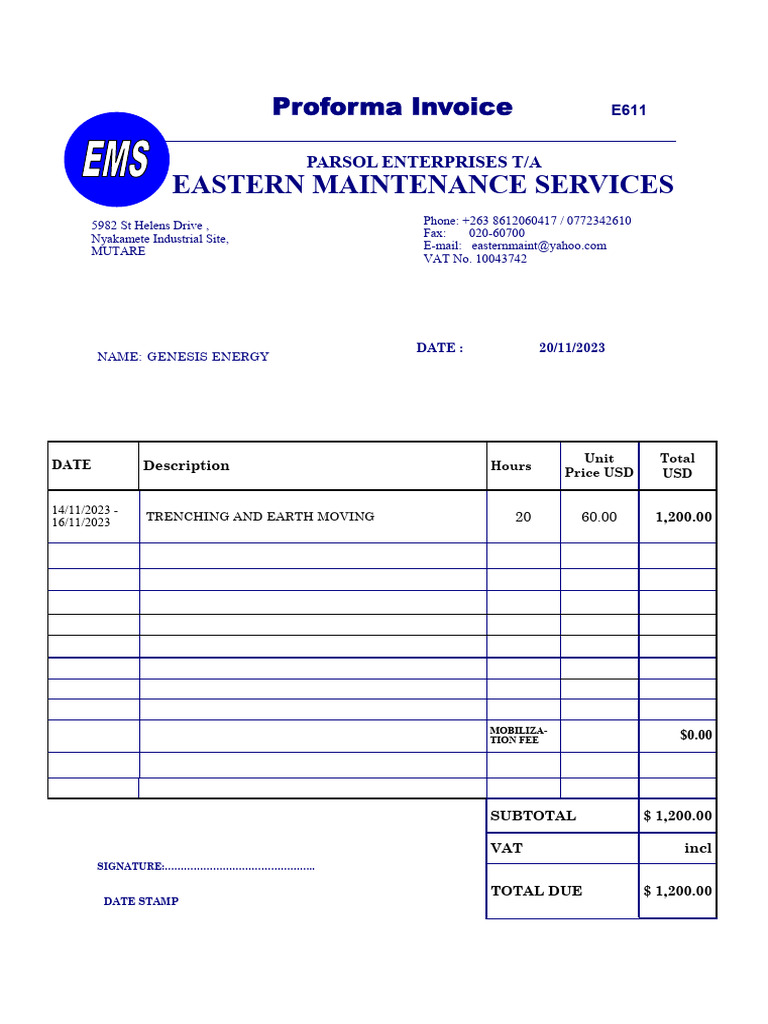 Genesis Proforma Invoice - E611 | PDF