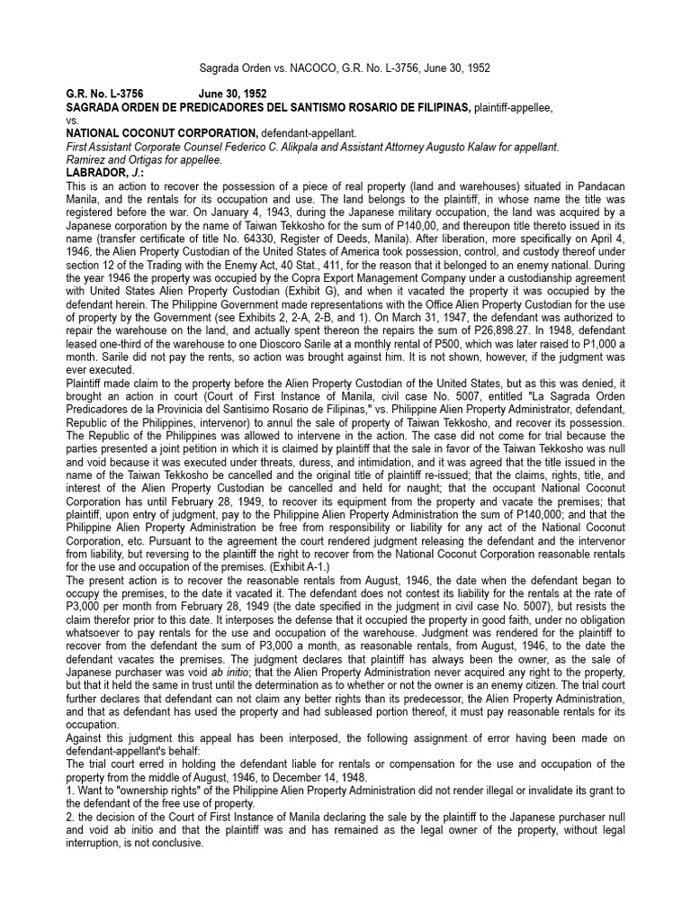 Sagrada Orden vs. NACOCO, G.R. No. L-3756, June 30, 1952 | PDF | Judgment (Law) | Lawsuit