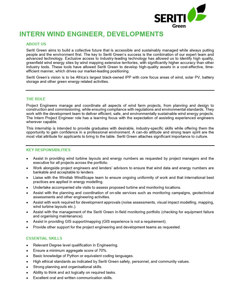 Internship for Wind Engineers at Seriti | PDF | Engineering ...