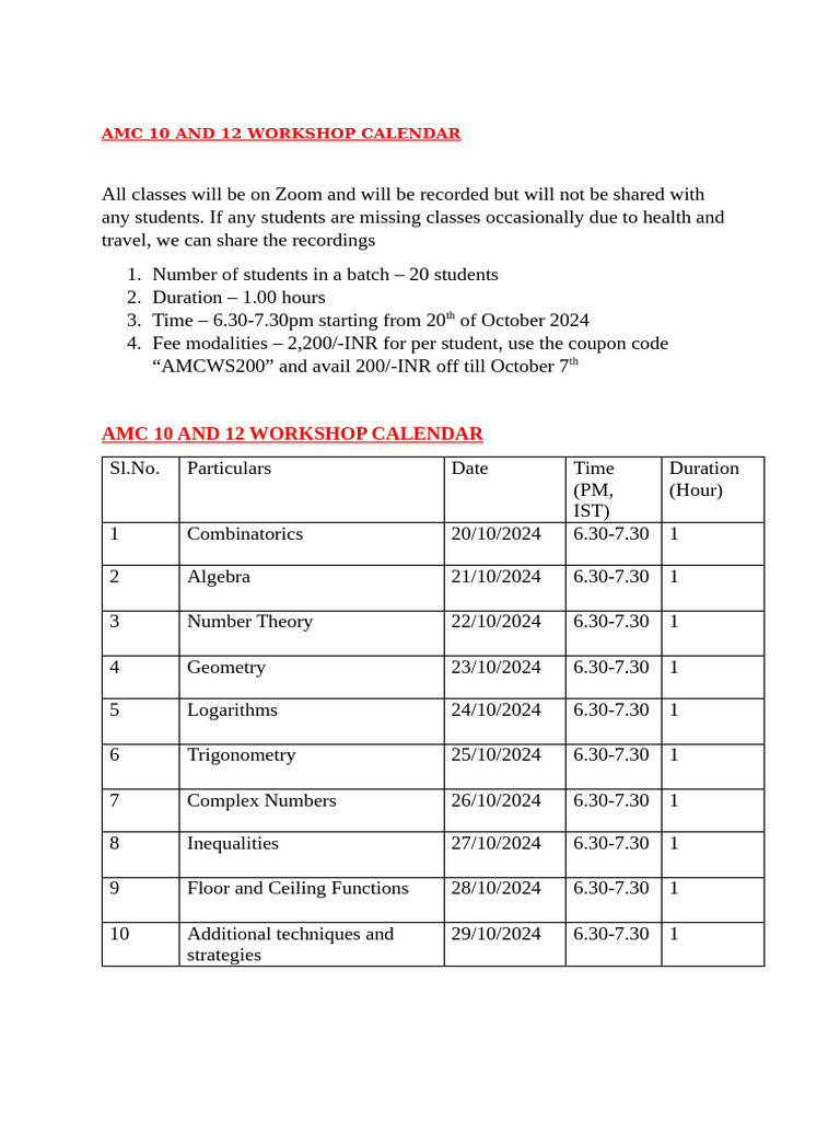 Amc 10 and 12 Workshop Calendar | PDF