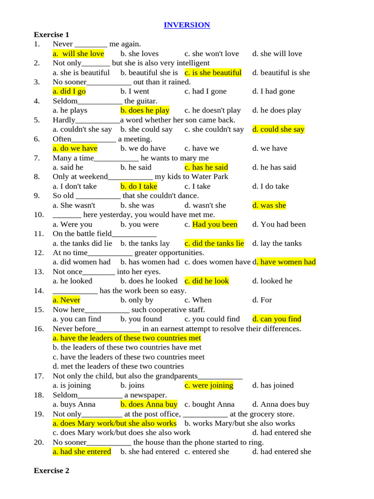 Inversion Test-60 Questions With Answers | PDF