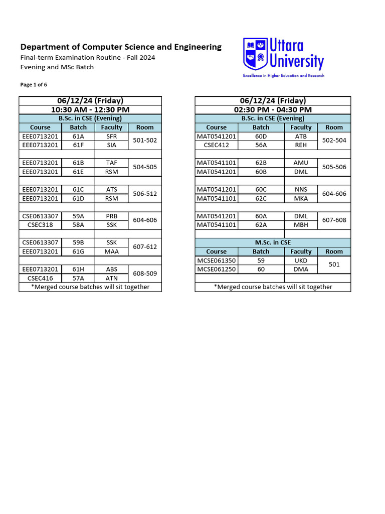 CSE Final Exam Schedule Fall 2024 | PDF | Science | Computer Science