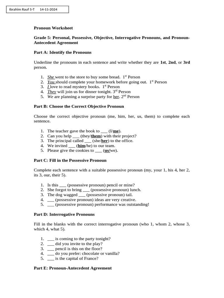 Pronoun Worksheet For Grade 5 | PDF | Pronoun