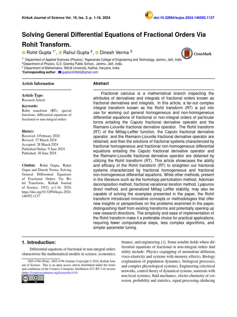Solving General Differential Equations of Fractional Orders Via Rohit Transform | PDF ...