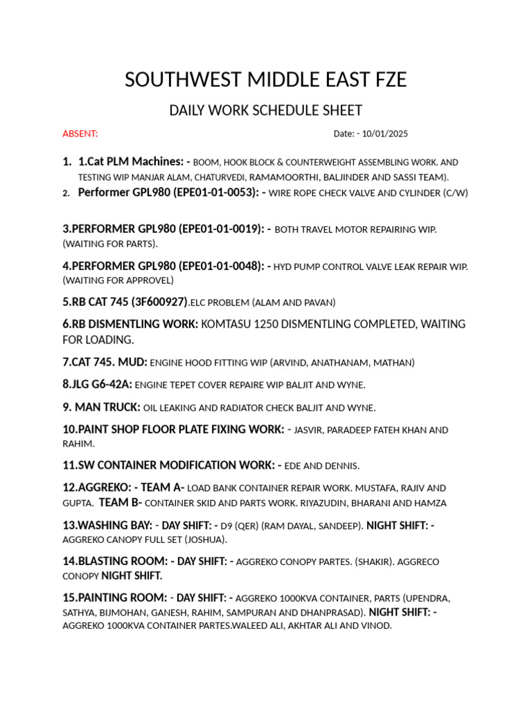 Sw Daily Work Schedule Sheet 8.1.2025 | PDF