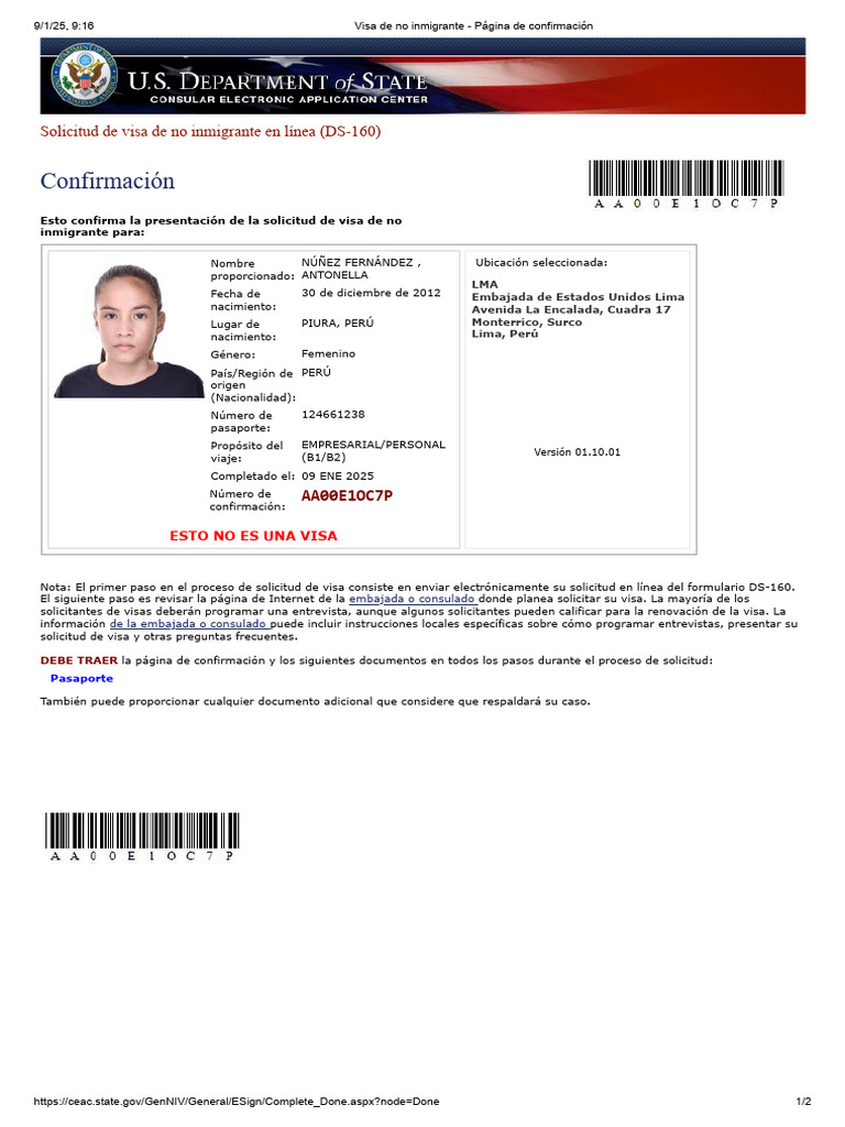 Confirmación DS-160 Visa B1/B2 Perú | PDF | Visa de viaje | Seguridad ...