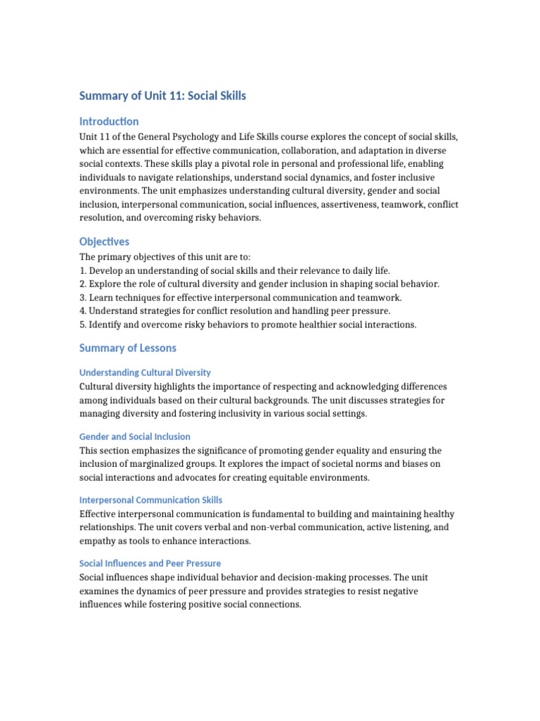 Unit 11 Social Skills Summary | PDF | Communication | Interpersonal ...