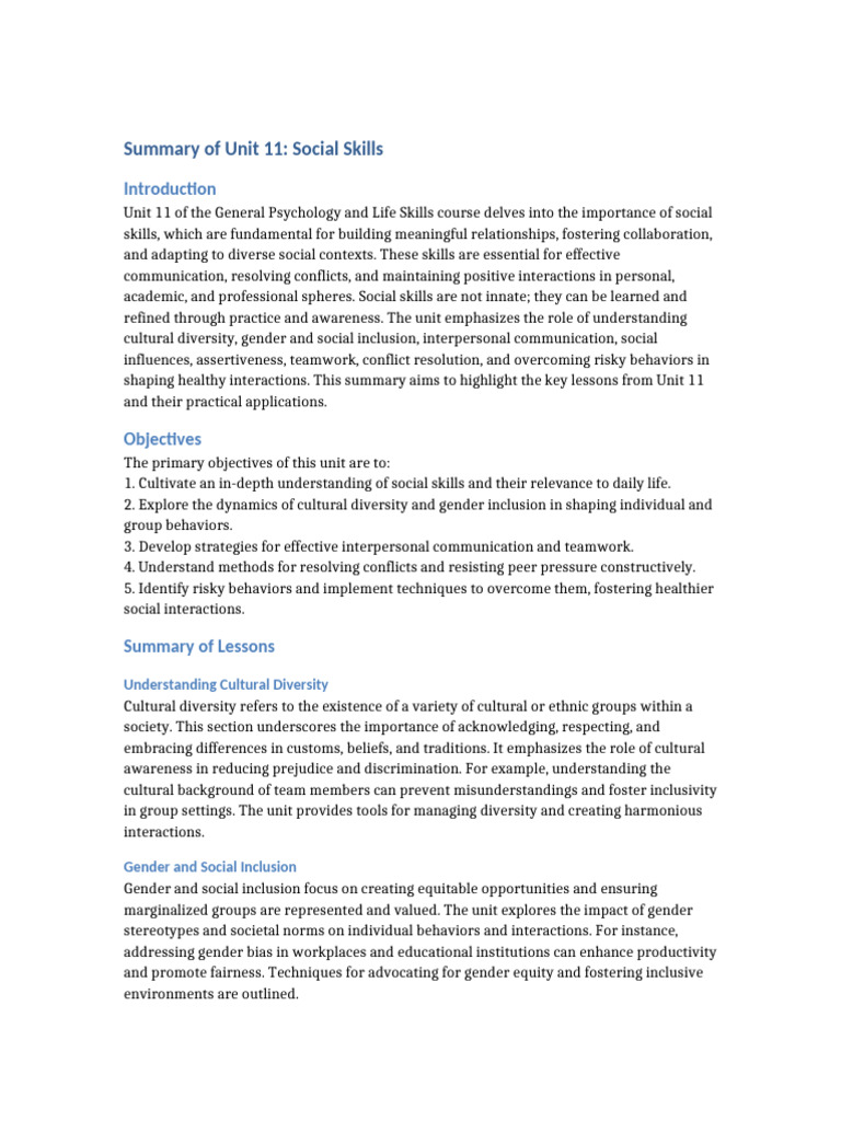 Unit 11 Social Skills Summary Expanded | PDF | Interpersonal ...