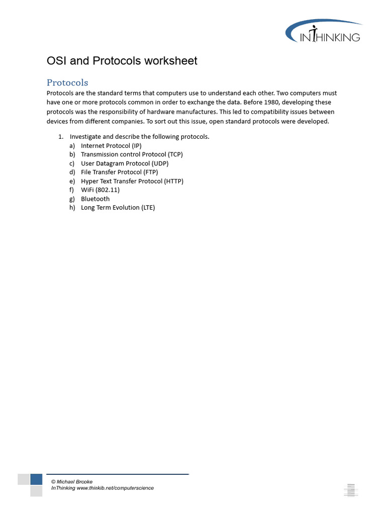 Osi and Protocols Worksheet | PDF | Osi Model | Internet Protocol Suite