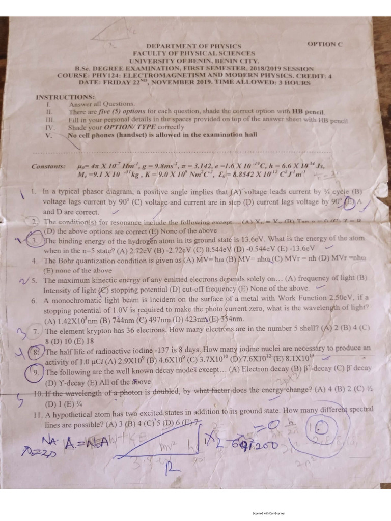 PHY 124 PQ.(2018)-Nosa izekor | PDF