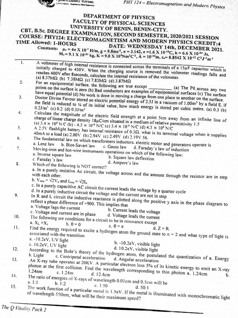 PHY124 2020-2021-Nosa Izekor | PDF