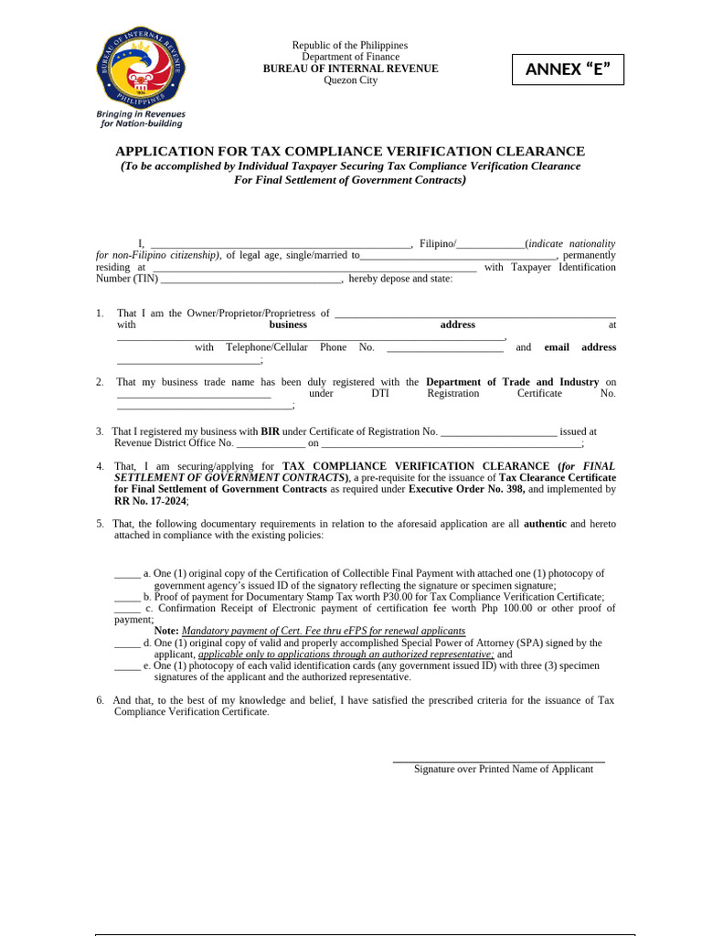 Application Form For Tax Compliance Verification Clearance For Final Settlement of Government ...