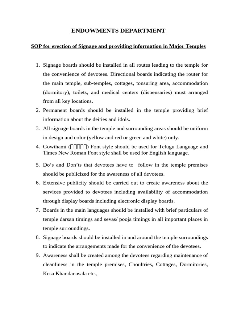 Temple Signage SOP for Devotee Guidance | PDF