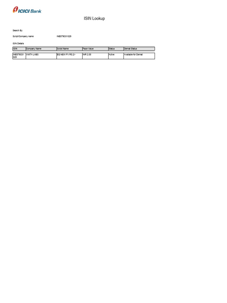 ISIN Lookup for Vimta Labs | PDF