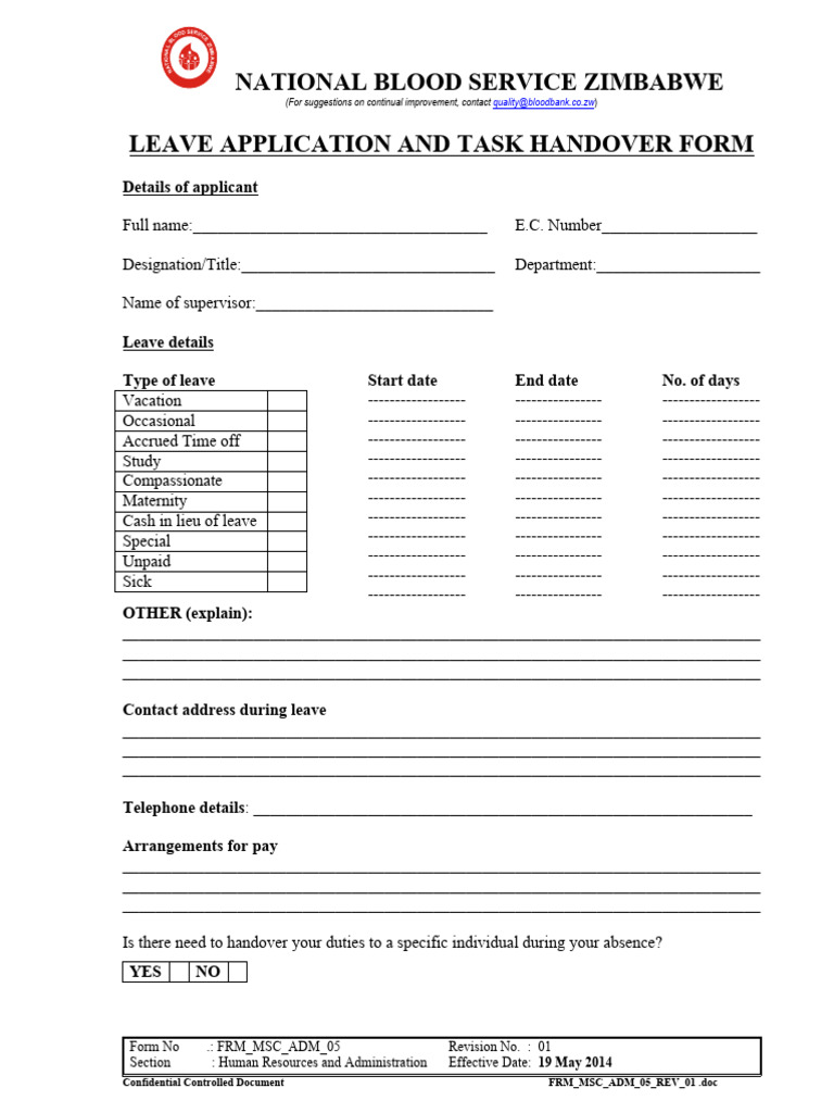 Leave Application & Handover Form | PDF | Employee Relations | Business