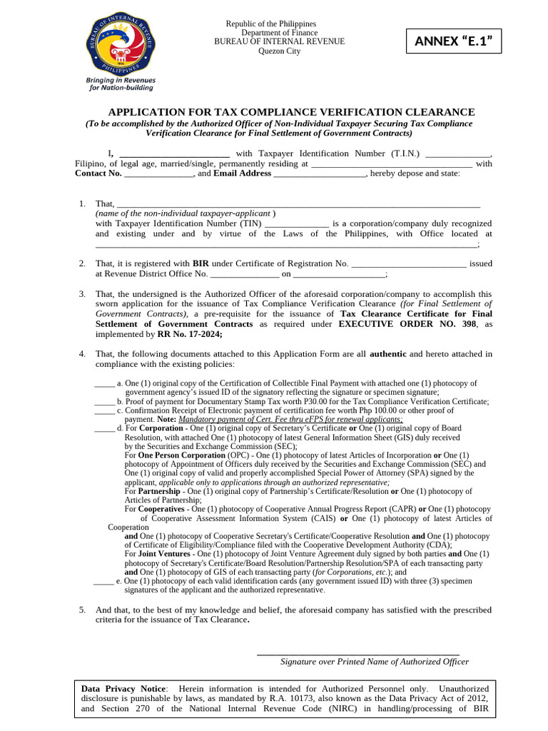 Application Form For Tax Compliance Verification Clearance For Final ...
