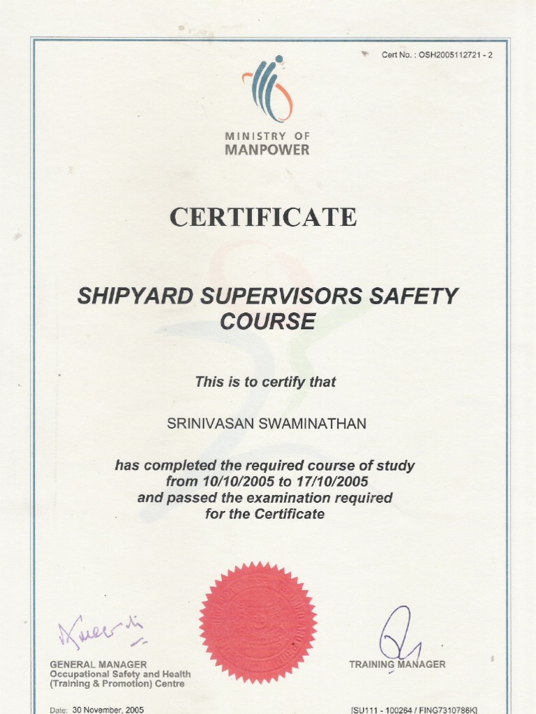 Certificate: Shipyard Supervisors Safety Course | PDF | Statistics Of ...